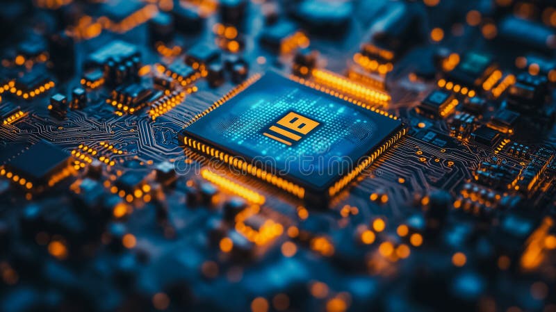 A Computer Chip with the Letters I and B on it. the Chip is Orange and ...