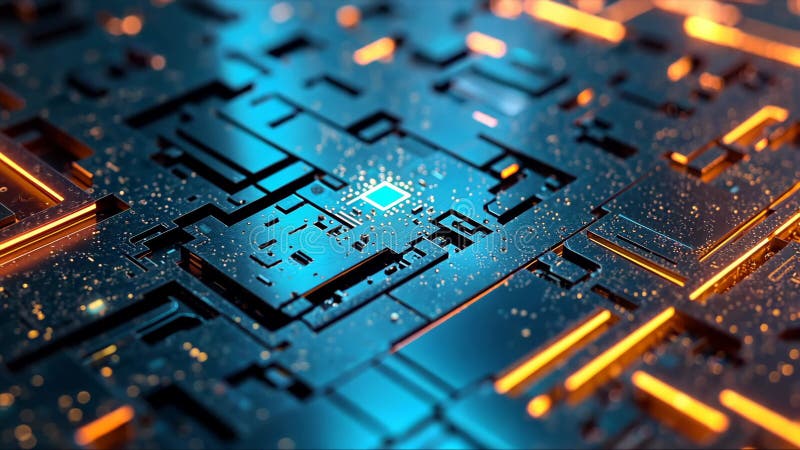Computer Chip is Lit Up in a Blue and Orange Background Stock Footage ...