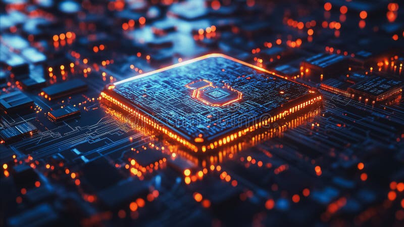 A Computer Chip. the Chip is Lit Up with Bright Orange Lights Stock ...