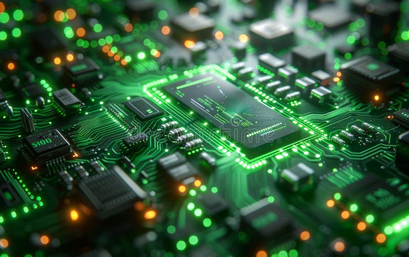 A Computer Chip is Lit Up with Green and Orange Lights Stock Image ...