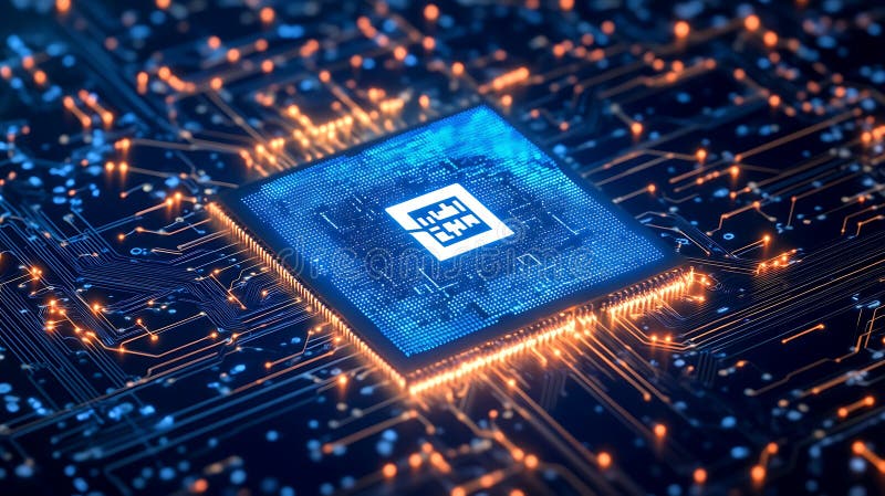 A Computer Chip is Lit Up with Orange and Blue Lights Stock Image ...