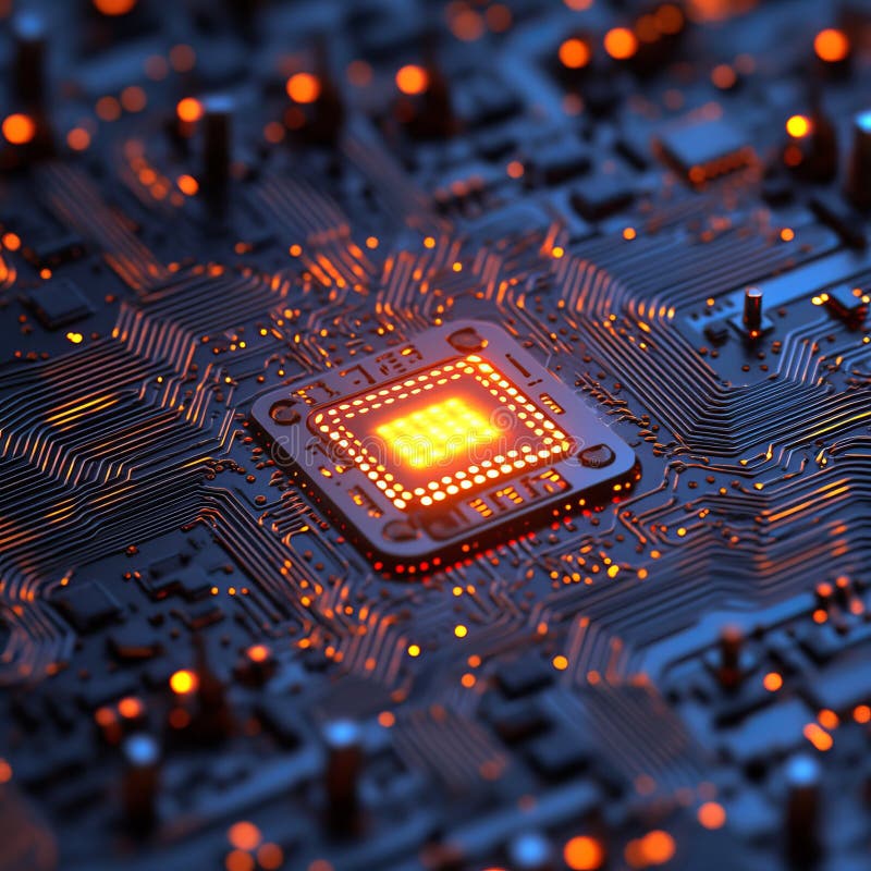 A Computer Chip is Lit Up with Orange Lights Stock Illustration ...