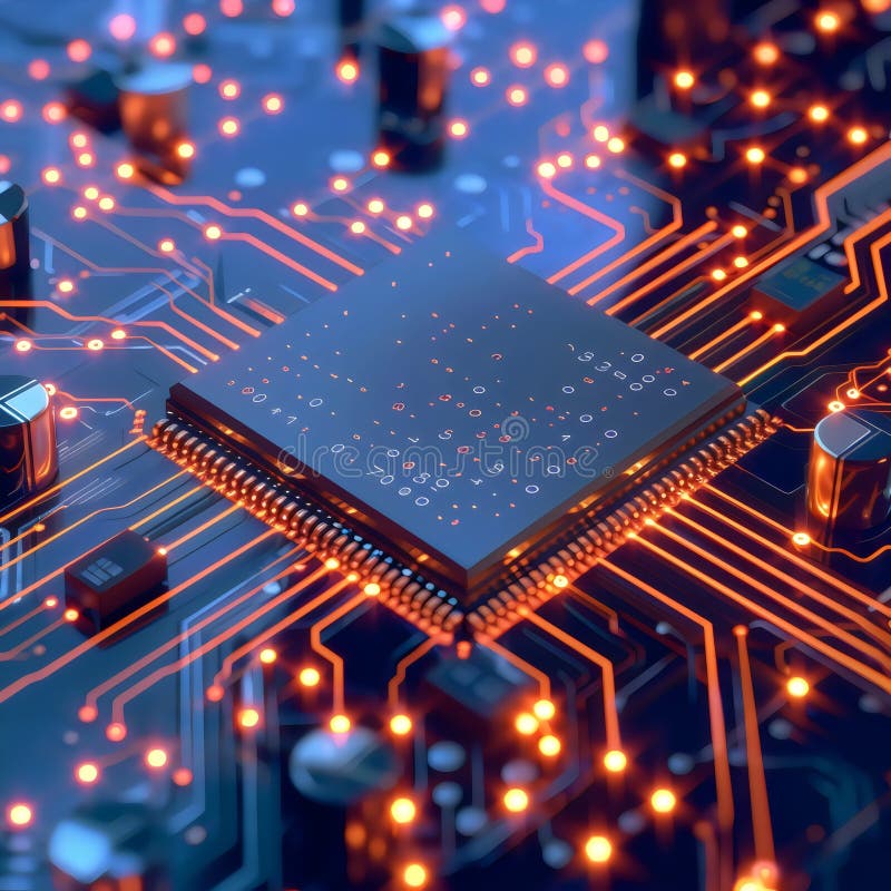 A Computer Chip is Lit Up with Red Lights Stock Illustration ...