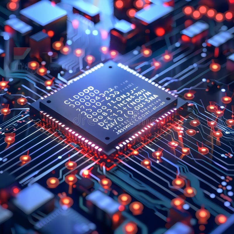 A Computer Chip is Lit Up with Red Lights Stock Illustration ...
