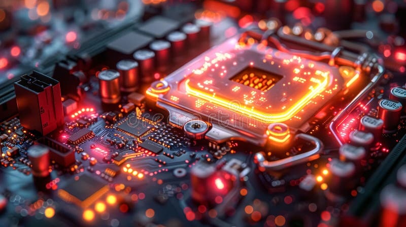 A Computer Chip is Lit Up in Red and Orange Stock Photo - Image of ...