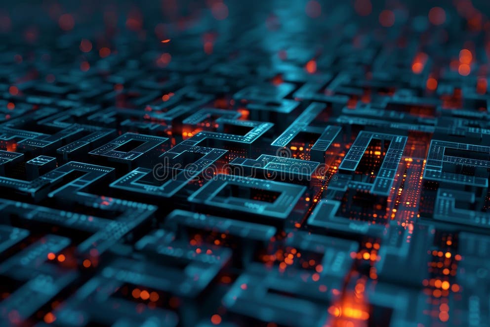 A Computer Chip with a Maze Pattern and Orange Lights Stock Photo ...