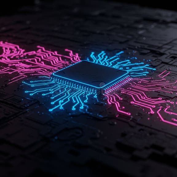 A Computer Chip with Neon Blue and Pink Circuit Lines Extending Outward ...