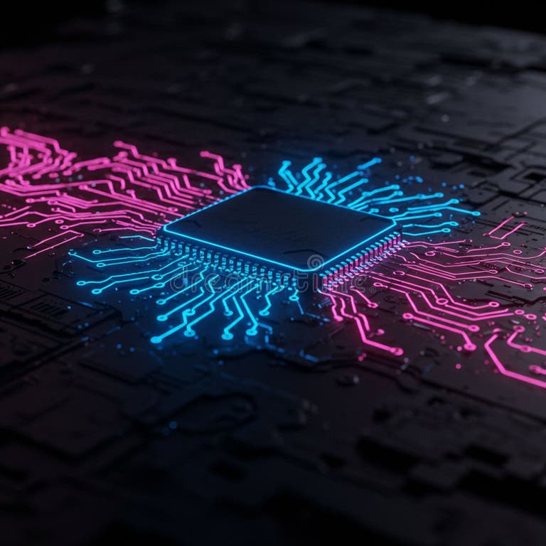 A Computer Chip with Neon Blue and Pink Circuit Lines Extending Outward ...
