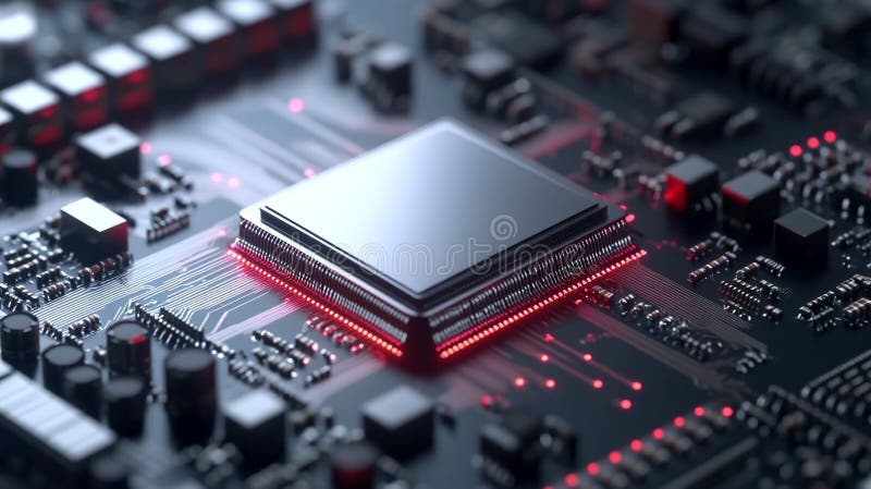 Detailed Close-up of a Computer Chip on a Circuit Board Illuminated by ...