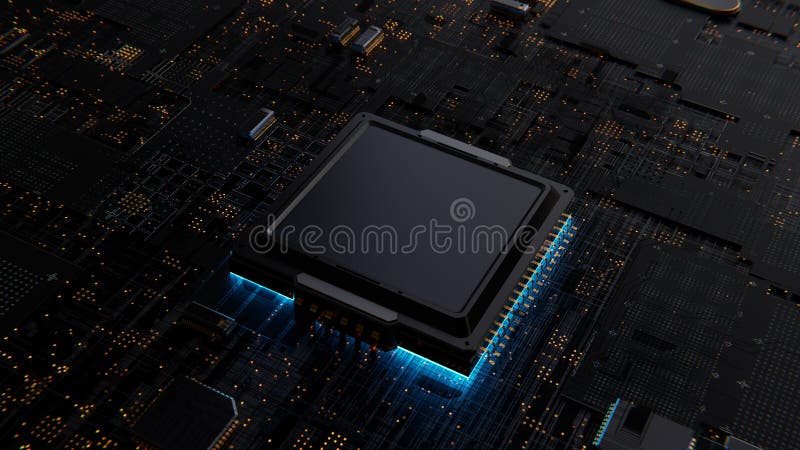 Computer Chip Processor on Motherboard Glows Blue. Artificial ...