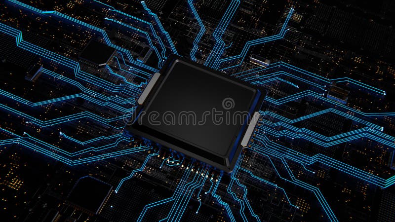Computer Chip Processor on Motherboard Glows Blue. Artificial ...