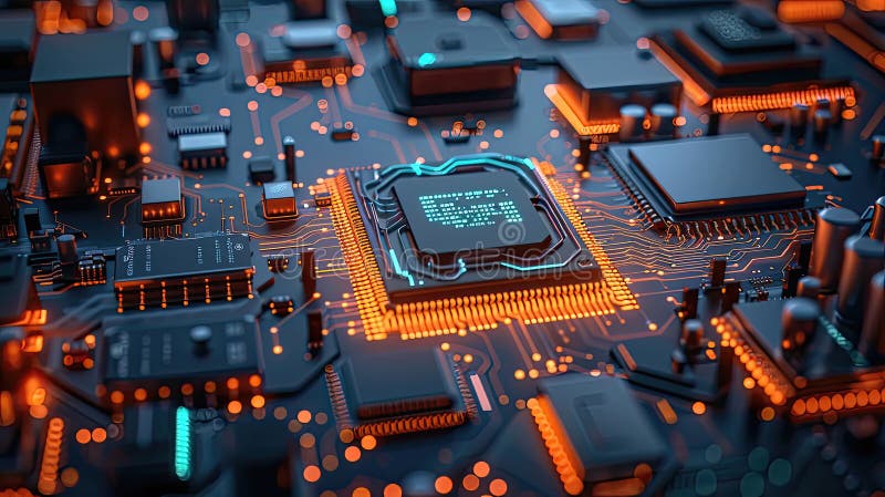 A Computer Chip is Shown in a Close Up with a Lot of Orange and Green ...