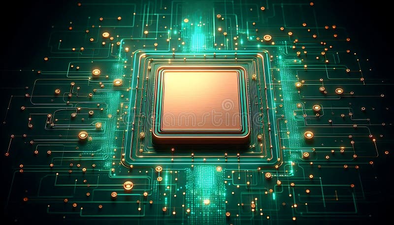 A Computer Chip is Shown in a Green and Gold Color Scheme. the Chip is ...