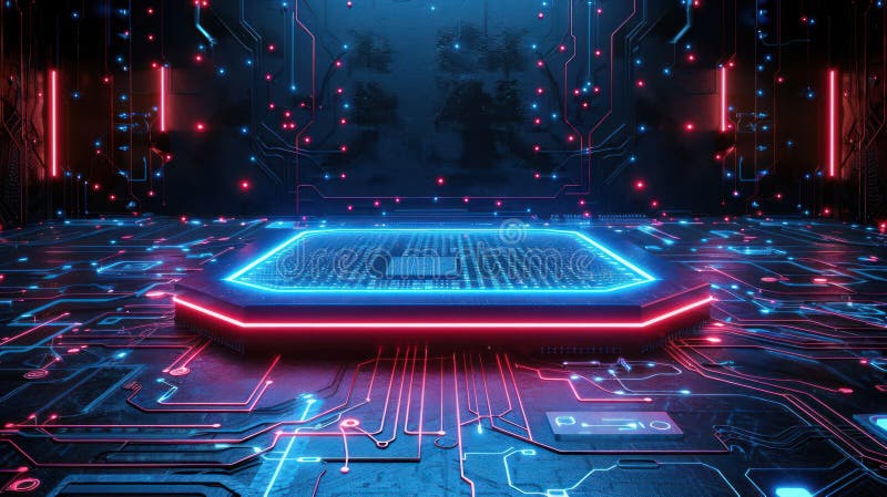 A Computer Chip is Shown in a Neon Blue and Red Color Scheme Stock ...