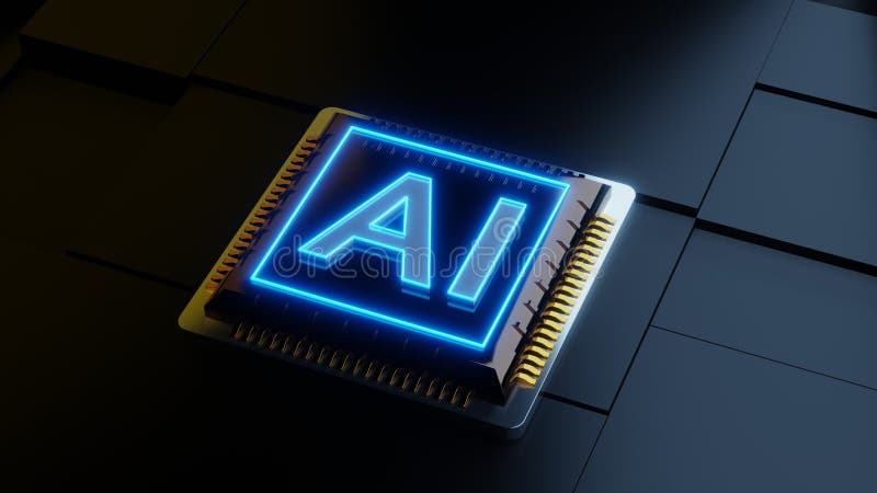 Computer Chip with Sigh in Neon Light 3d Render Stock Illustration ...