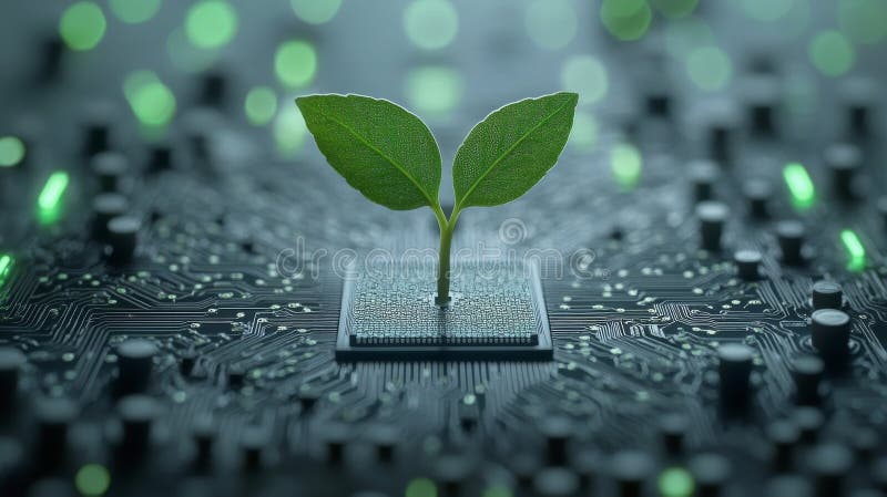 From a Computer Chip, a Small Green Plant with Two Leaves is Growing ...