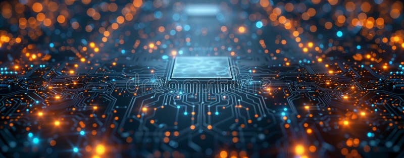 A Computer Chip Surrounded by Electric Blue Lights in a Dark Room Stock ...