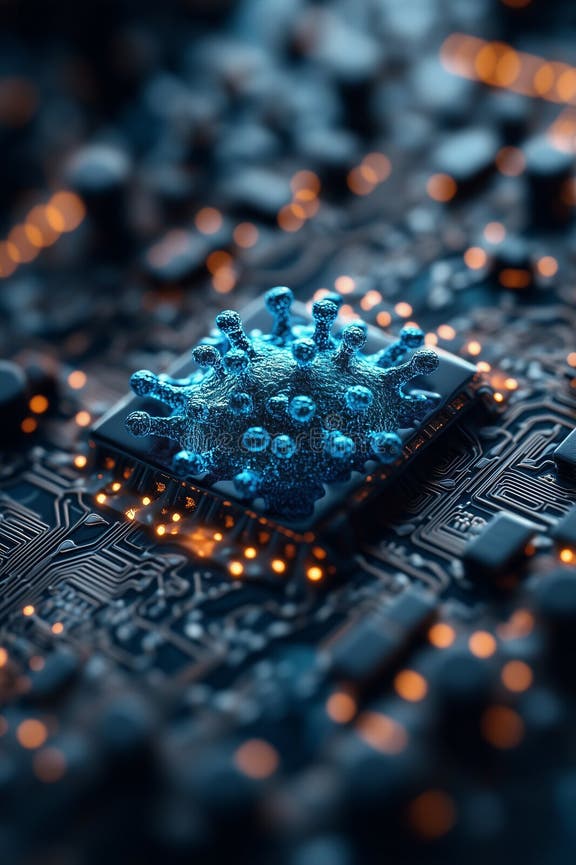 A Computer Chip with a Virus on it. the Virus is Blue and Has a Lot of ...