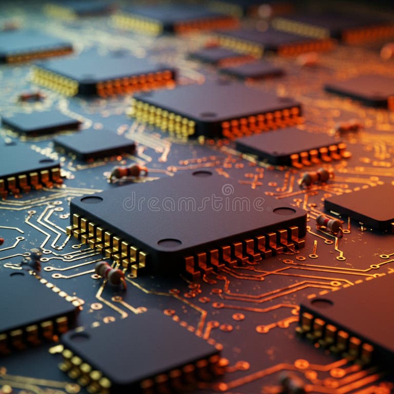 Computer Chips on a Circuit Board are Shown in Close-up. the Board is ...
