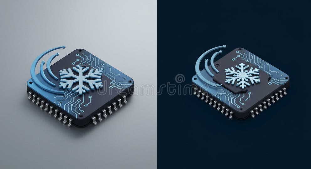 Computer Chips Featuring a Snowflake Symbol and Circuit Patterns. One ...