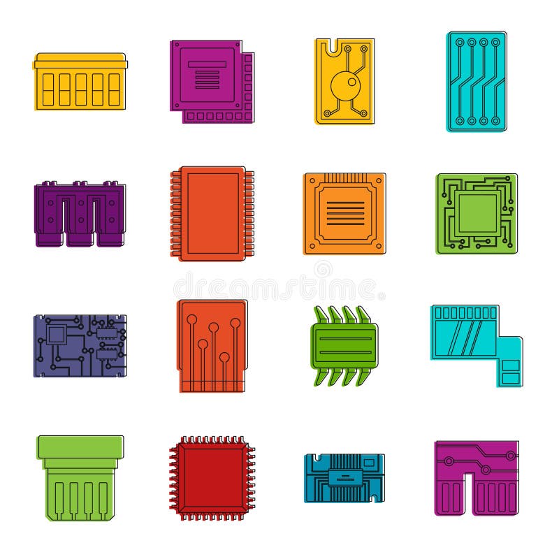 Computer Chips Icons Set in Flat Style Stock Vector - Illustration of ...