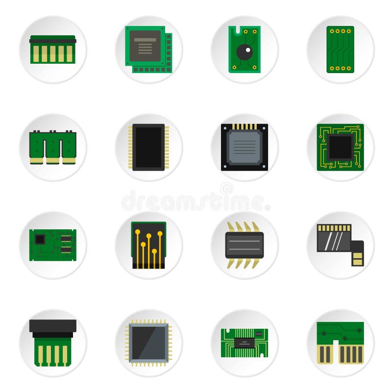 Computer Chips Icons Set in Flat Style Stock Vector - Illustration of ...