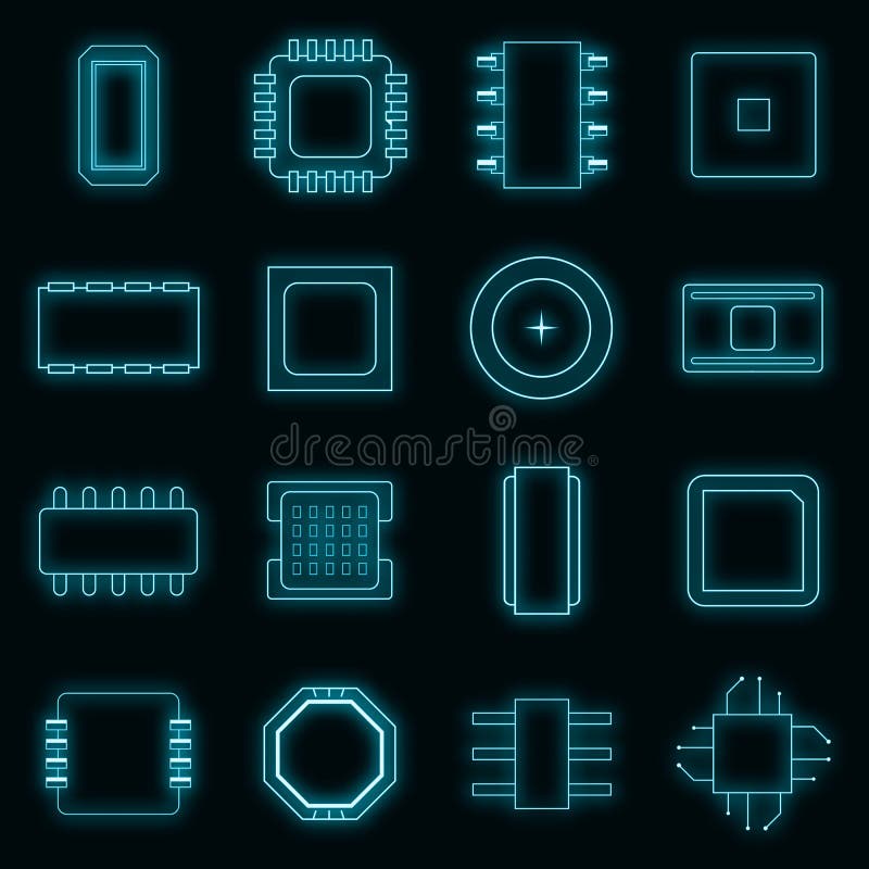 Computer Chips Icons Set Vector Neon Stock Vector - Illustration of ...