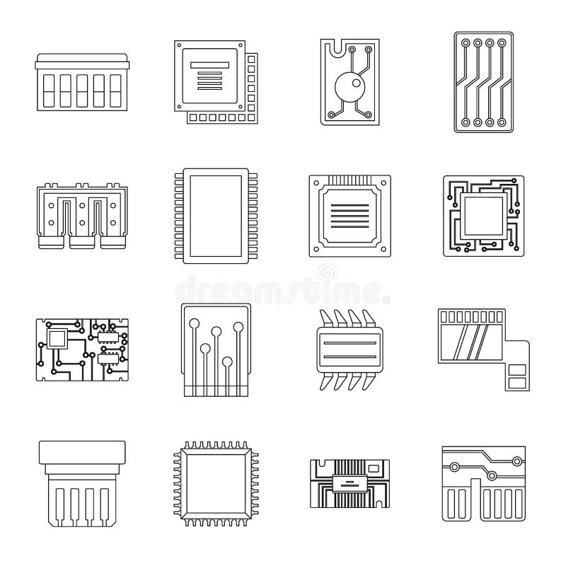 Computer Chips Icons Set, Outline Style Stock Vector - Illustration of ...