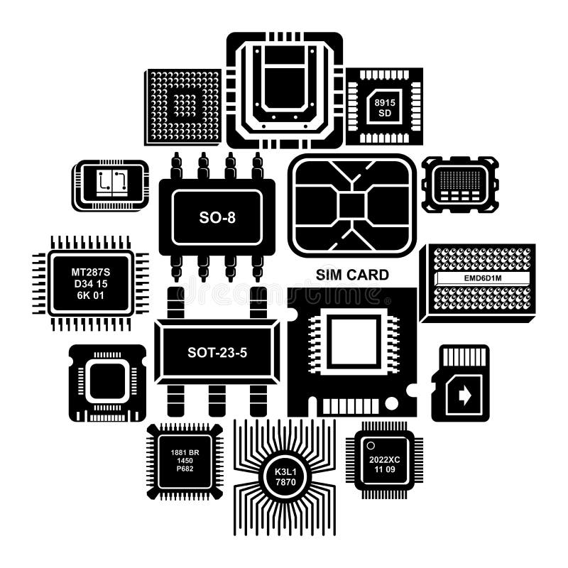 Computer Chips Icons Set, Simple Style Stock Vector - Illustration of ...