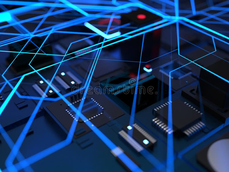 Computer Chips and Parts in a Bright Blue Glow. Stock Illustration ...