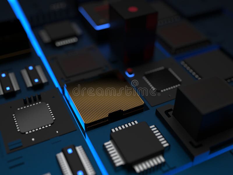 Computer Chips and Parts in a Bright Blue Glow. Stock Illustration ...