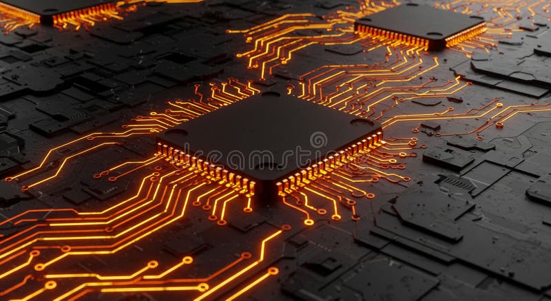 Computer Chips are Positioned on a Dark Circuit Board with Glowing ...