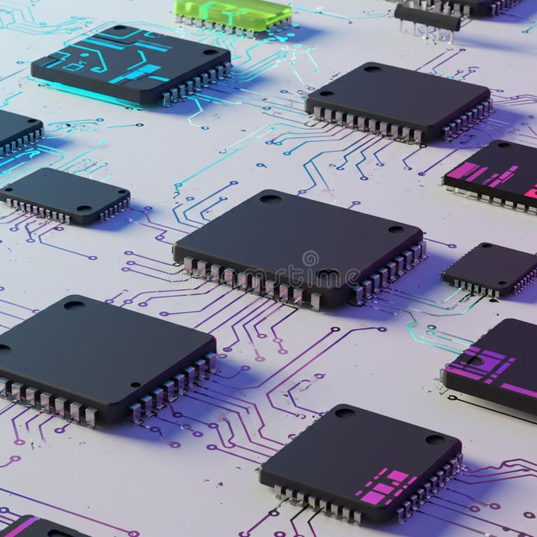 Computer Chips Scattered Across a Circuit Board with Intricate Pathways ...