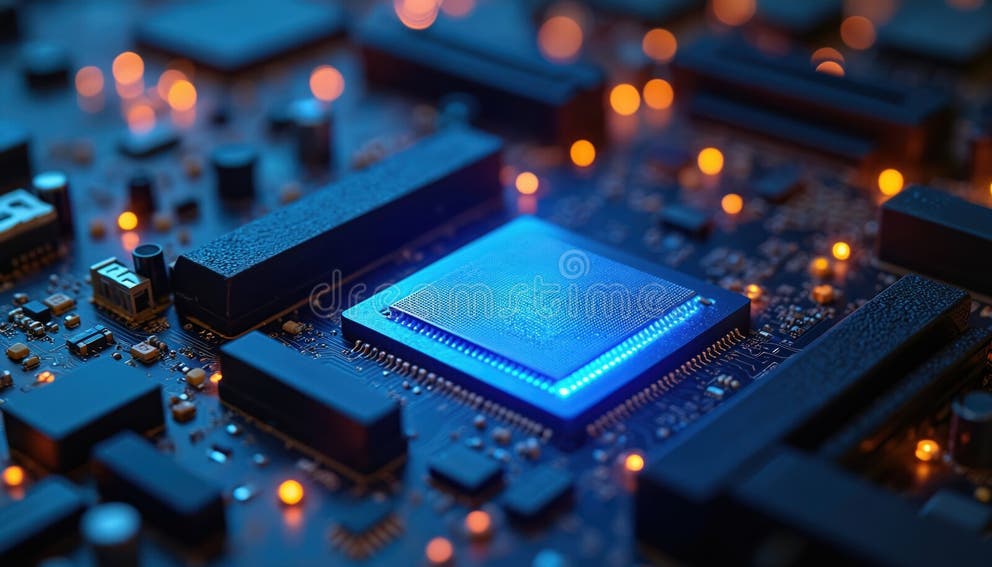 Computer Circuit Board with Blue Light Shining on Chips, Processors and ...