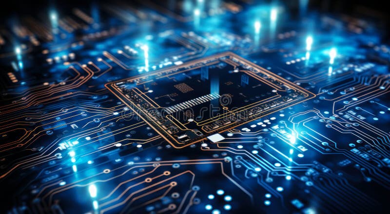 A Computer Circuit Board with Blue Lights Stock Illustration ...