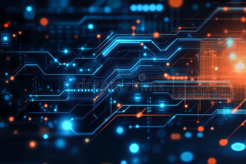 A Computer Circuit Board with Blue and Orange Lights Stock Illustration ...
