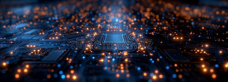A Computer Circuit Board with Blue and Orange Lights Stock Image ...