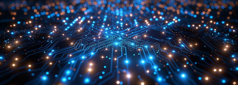 A Computer Circuit Board with Blue and Orange Lights Stock Image ...