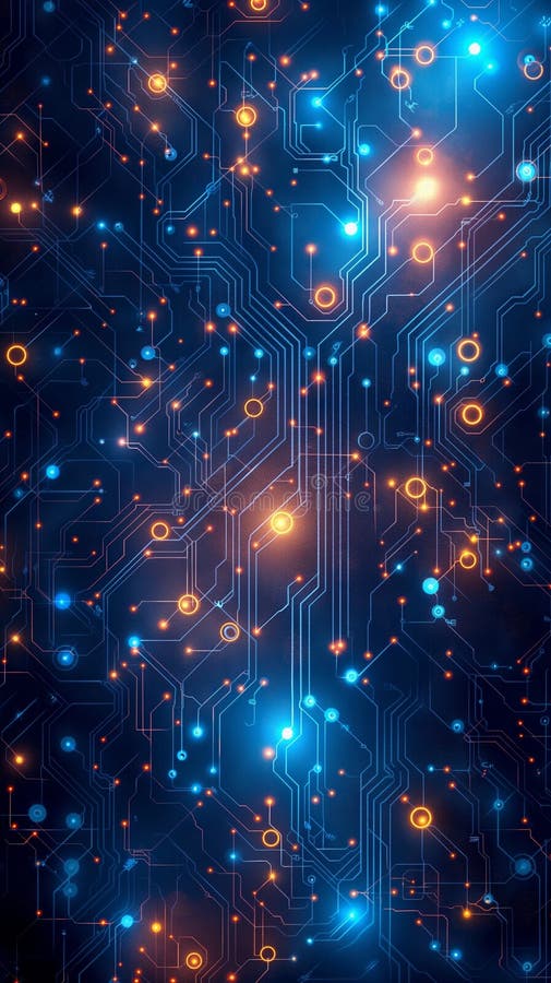 A Computer Circuit Board with Blue and Orange Lights Stock Photo ...