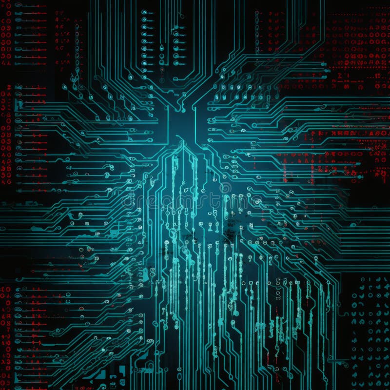 A Computer Circuit Board with Blue and Red Lights on it Stock ...