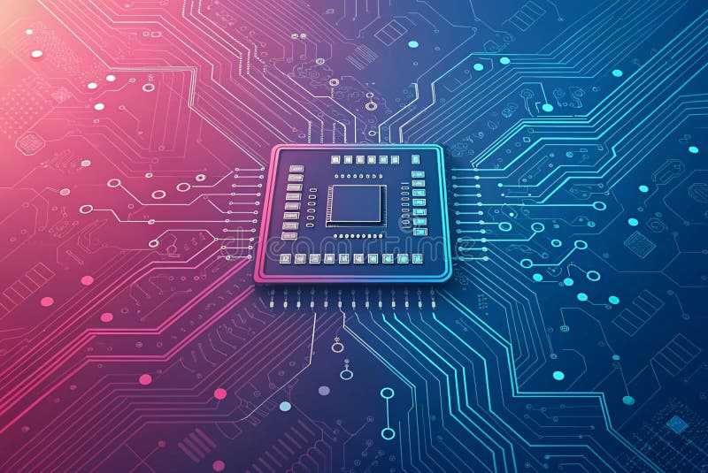 Computer Circuit Board Design with Blue and Pink Abstract Background ...