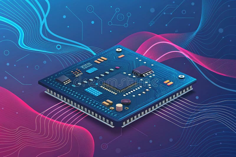 Computer Circuit Board Design with Blue and Pink Abstract Background ...