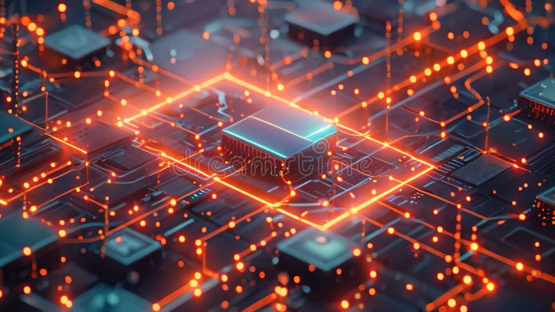 A Computer Circuit Board Featuring a Vibrant Blue and Orange Design, a ...