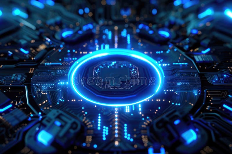 A Computer Circuit Board with a Glowing Blue Circle. Ideal for ...