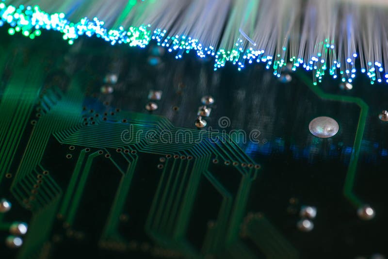 Computer Circuit Board, Glowing Optical Fibres Border Stock Photo ...
