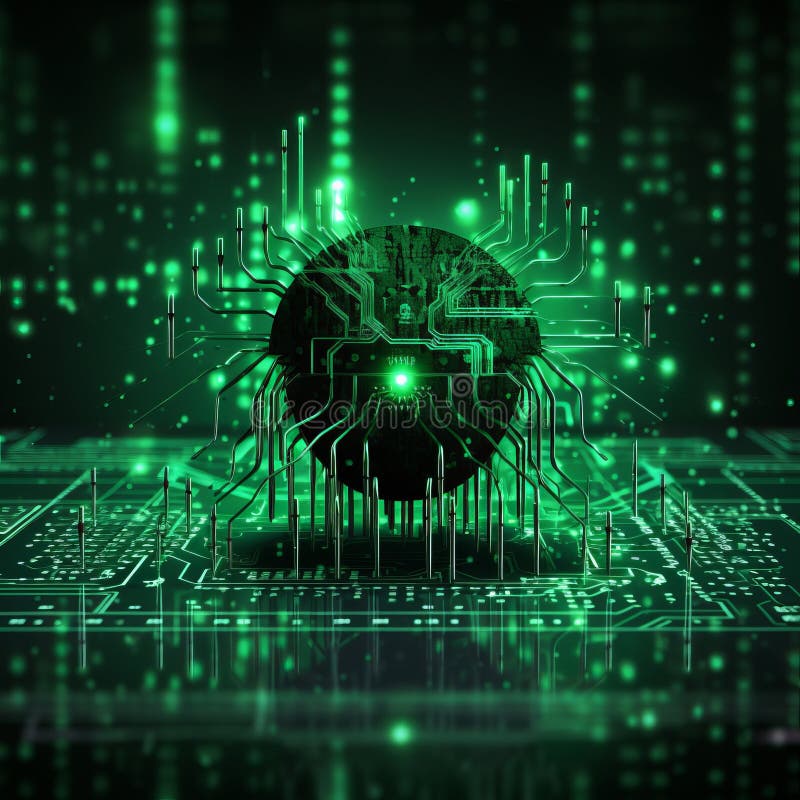 A Computer Circuit Board with Green Lights on it Stock Illustration ...
