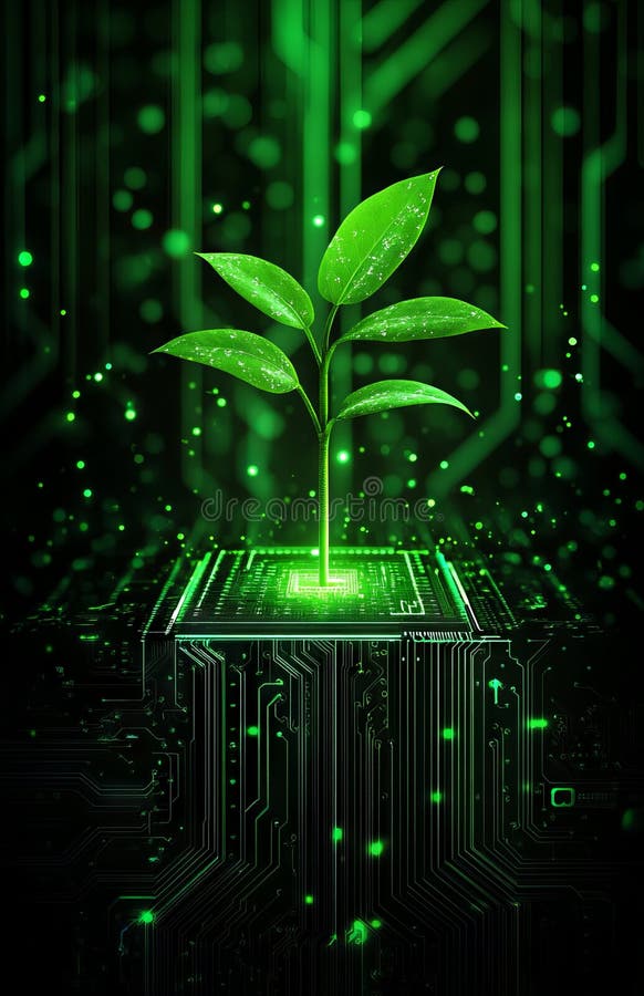 A Computer Circuit Board Hosts a Sprouting Sapling, Symbolizing Green ...