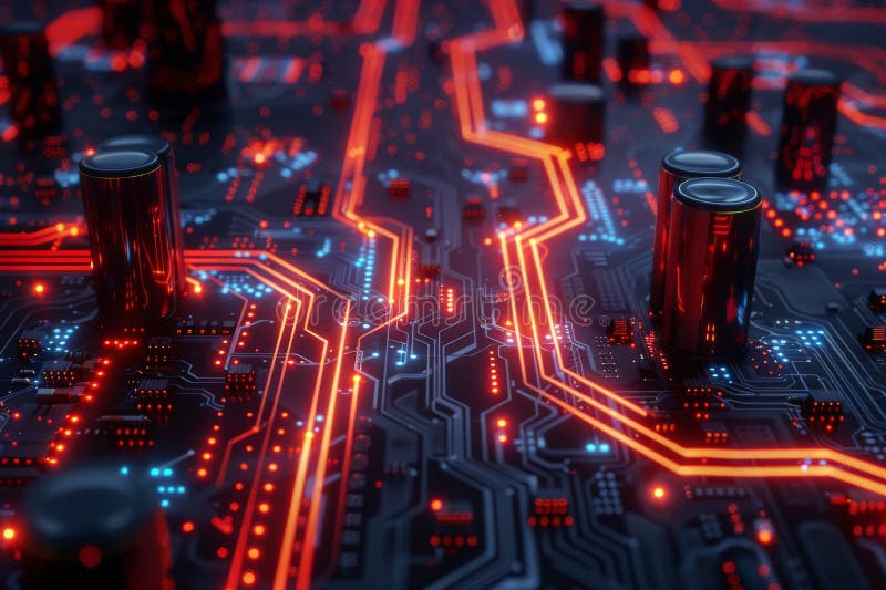 Computer Circuit Board Illuminated with Neon Lights Stock Image - Image ...