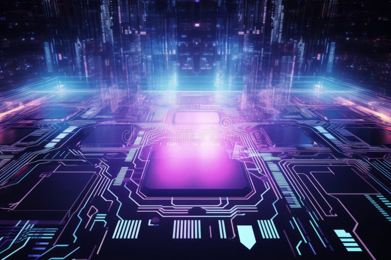 Computer Circuit Board Illuminated by Neon Lights Stock Illustration ...