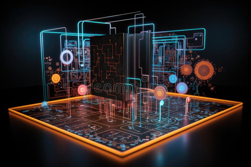 A Computer Circuit Board Illuminated with Vibrant Neon Lights, Creating ...